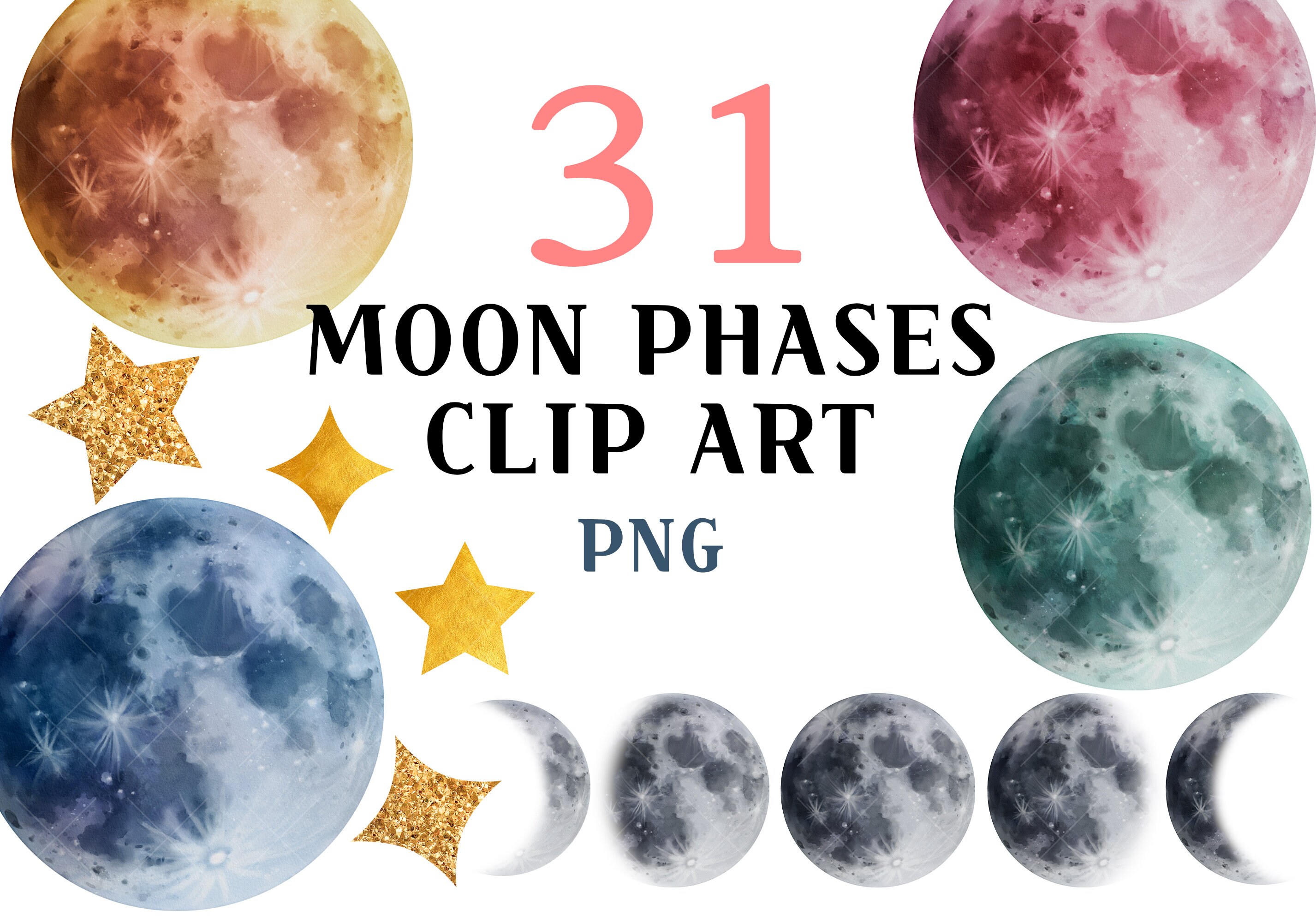 Watercolor Moon Full Moon Clipart Moon Phases Moon Clip - Etsy