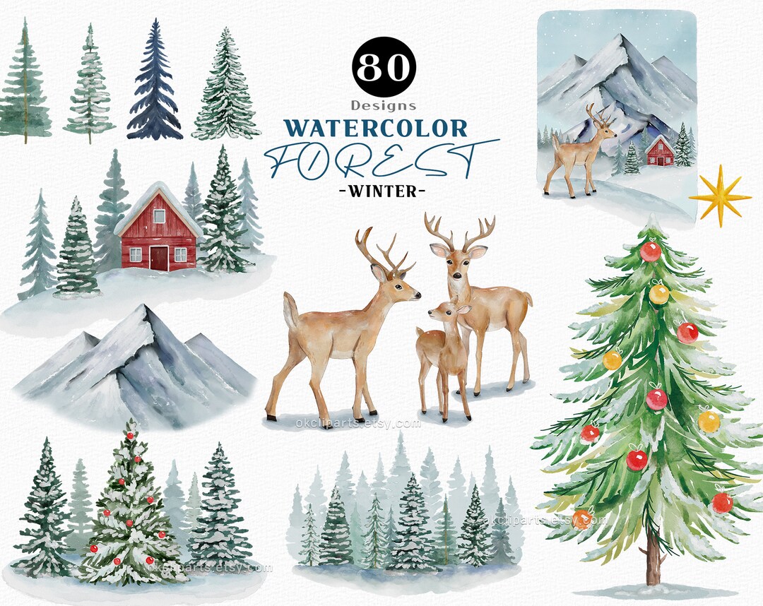 Christmas Tree Clipart, Winter Clipart, Watercolor Christmas Clipart ...