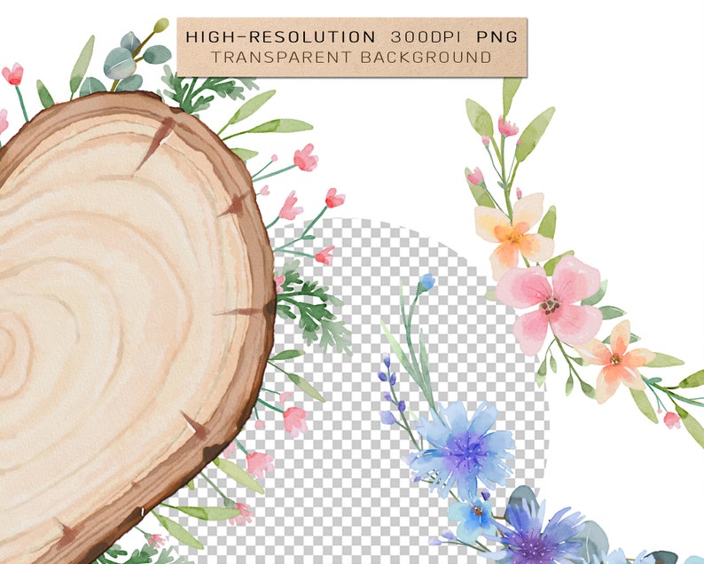 Watercolor Wooden Slices, Floral Frames, Wood Slices, Wild Flowers Card ...