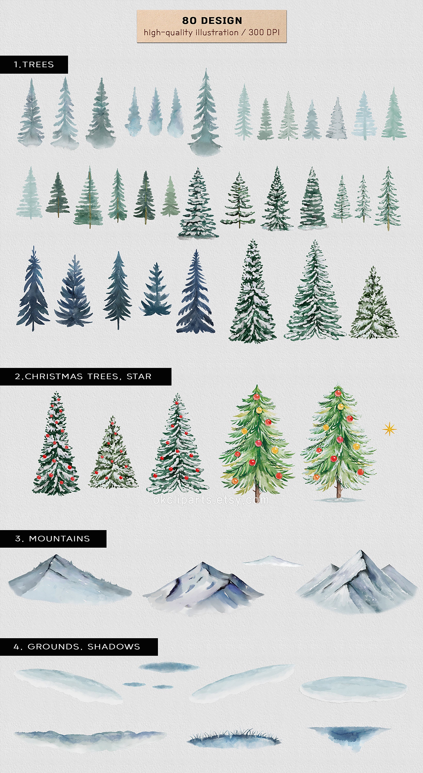 Christmas Tree Clipart Winter Clipart Watercolor Christmas - Etsy