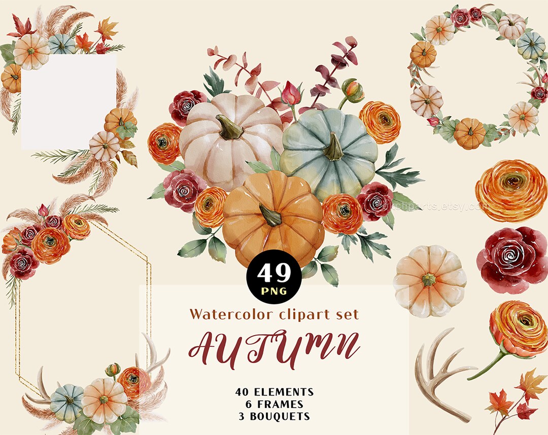 Fall Clipart, Watercolor Pumpkin Arrangements, Autumn Pumpkins Clip Art ...