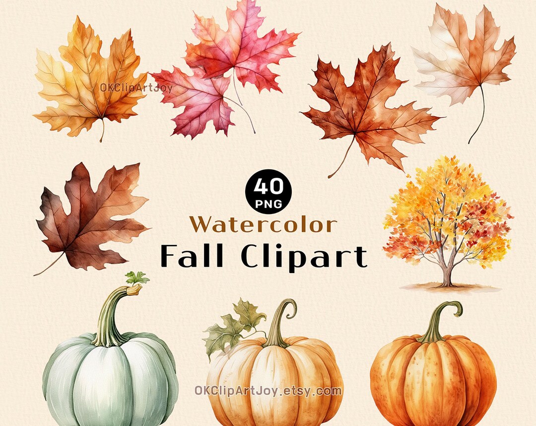 40 PNG Watercolor Fall Leaves & Pumpkin Clipart, Autumn Leaves Clipart ...