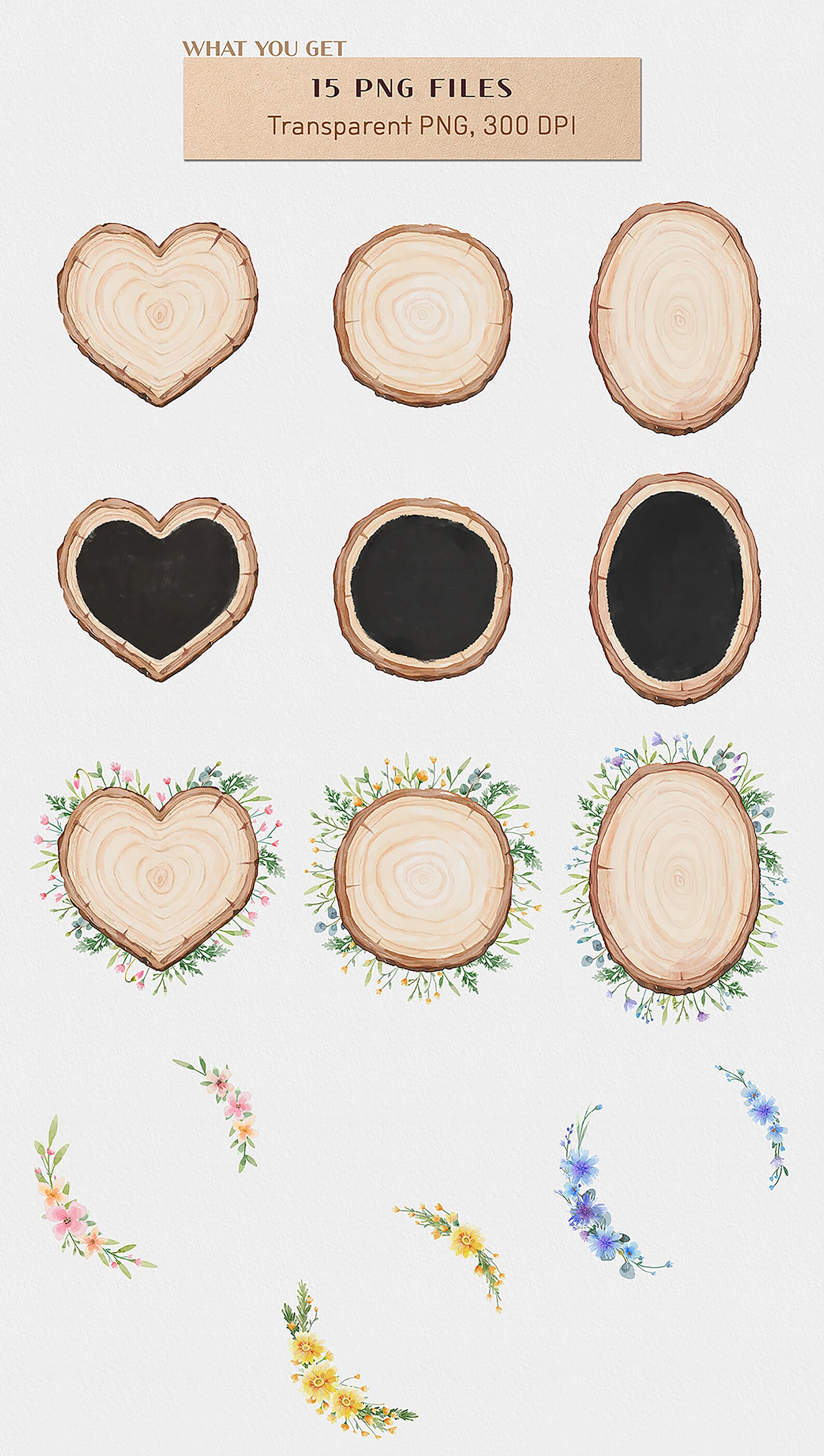 Watercolor Wooden Slices Floral Frames Wood Slices Wild - Etsy