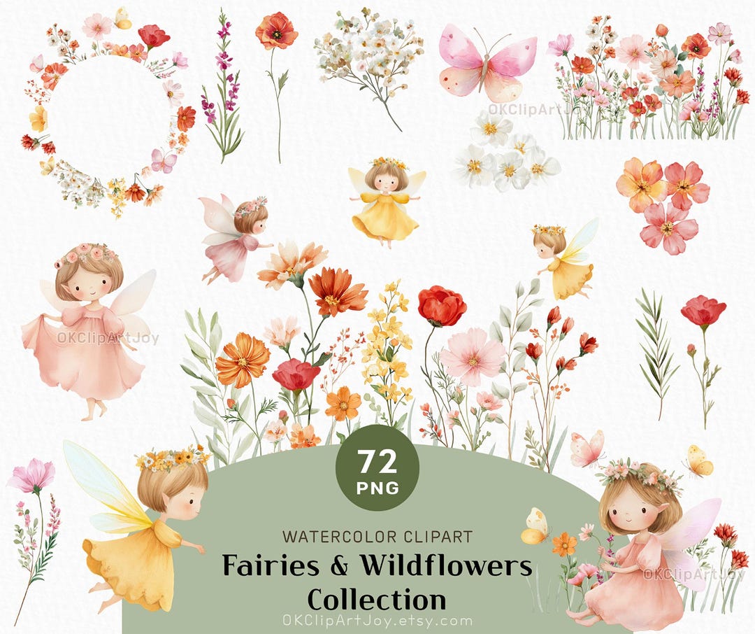 Watercolor Fairy Garden Clipart – Flower Fairies and Wildflower Floral ...