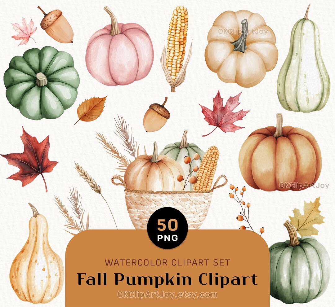 Watercolor Pumpkin Clipart Bundle: Fall Autumn PNG Graphics (digital ...