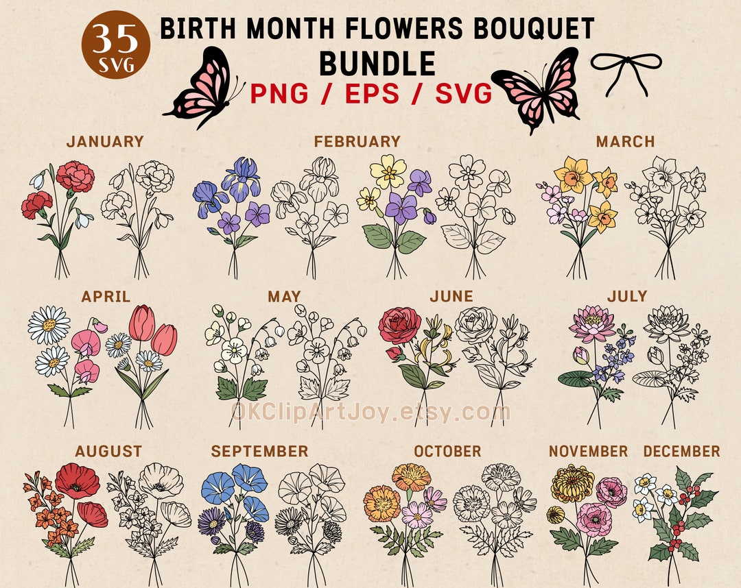 Birth Month Flowers SVG Bundle, Floral & Botanical Svg, Flower Bouquets ...