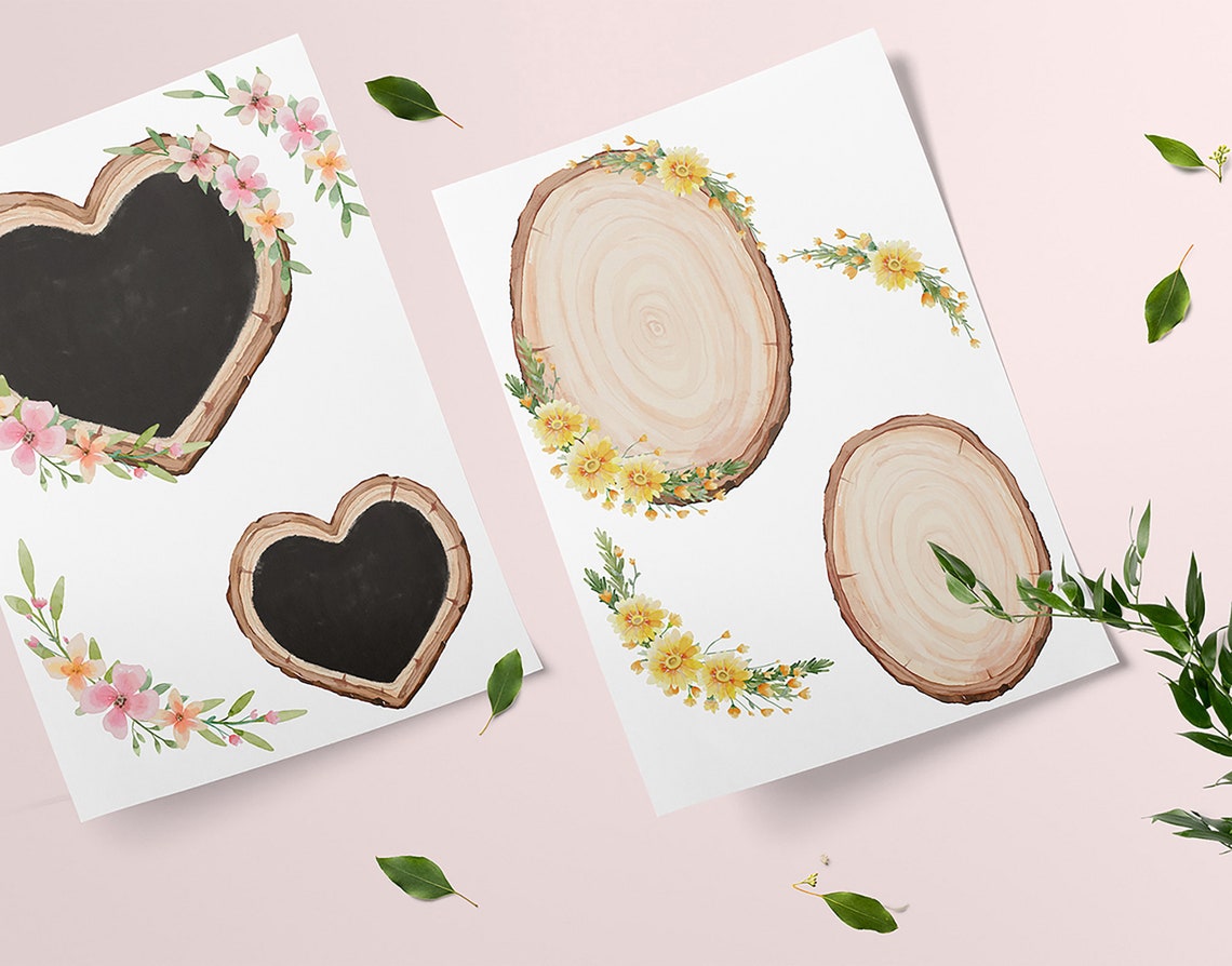 Watercolor Wooden Slices, Floral Frames, Wood Slices, Wild Flowers Card ...