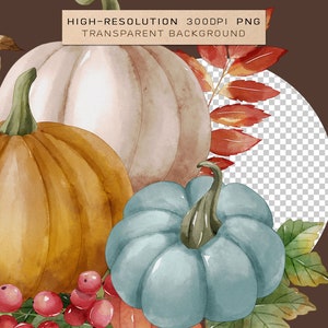 Watercolor Pumpkin, Pumpkin Clipart, Pumpkin Watercolor, Leaves Clipart ...