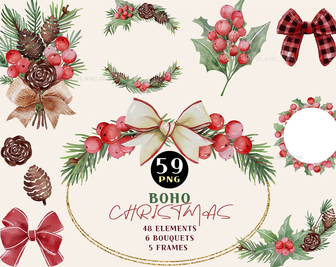 Boho Christmas Clipart, Christmas Bouquets, Watercolor Christmas ...
