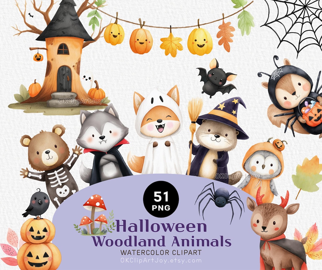 Halloween Woodland Animals Clipart Bundle - Cute Watercolor Forest ...