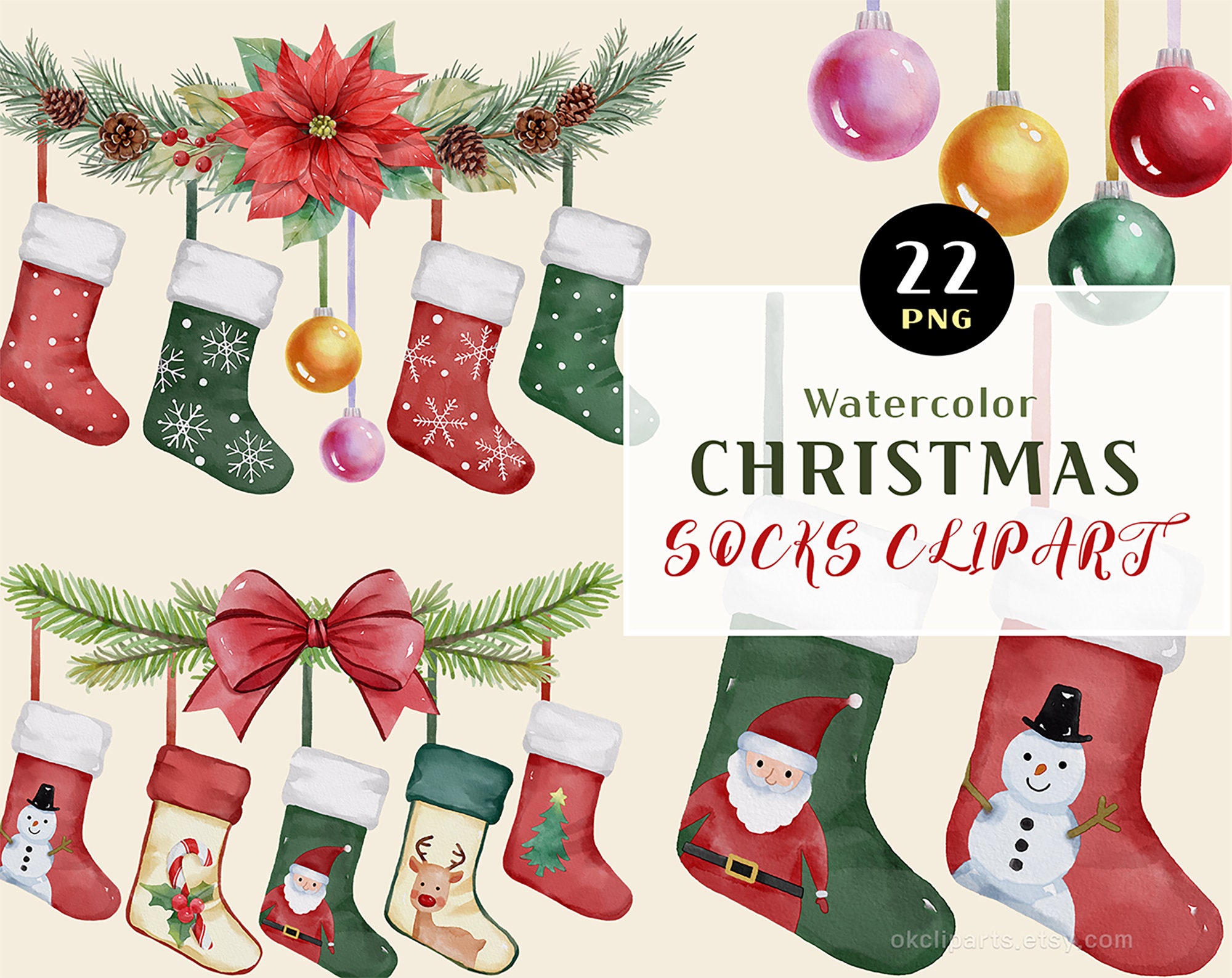 Christmas Stocking Clipart Christmas Clipart Watercolor - Etsy