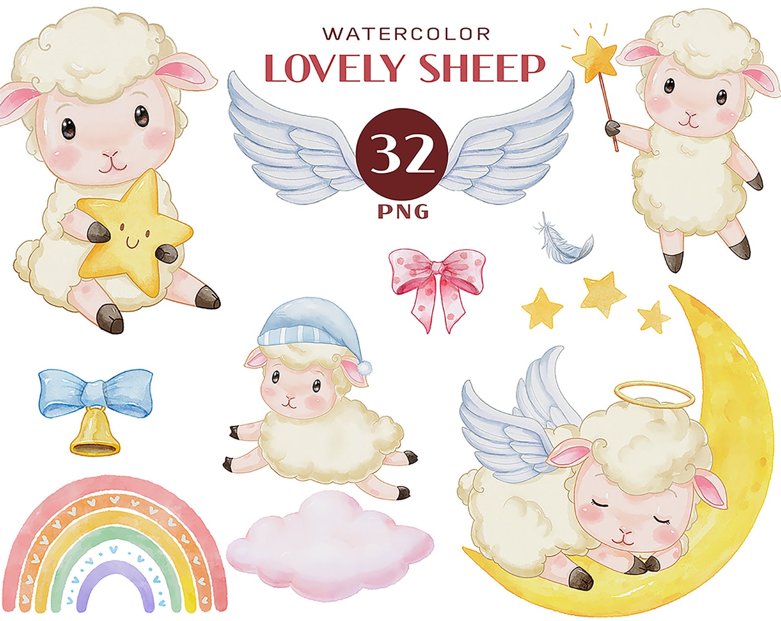 Baby Sheep Watercolor Clip Art Angel Animals Kids Clipart | Etsy