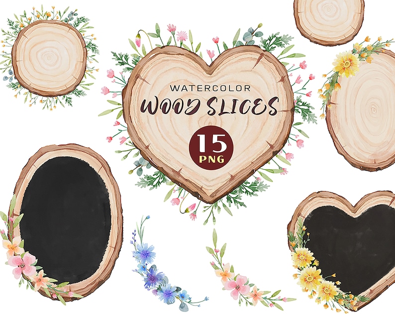 Watercolor Wooden Slices Floral Frames Wood Slices Wild - Etsy