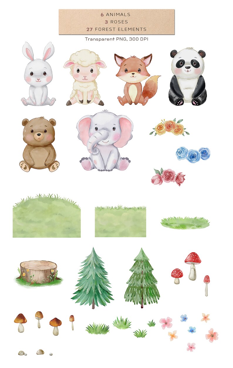 Cute Animals Watercolor Clip Art Woodland Bunny Sheep Fox - Etsy