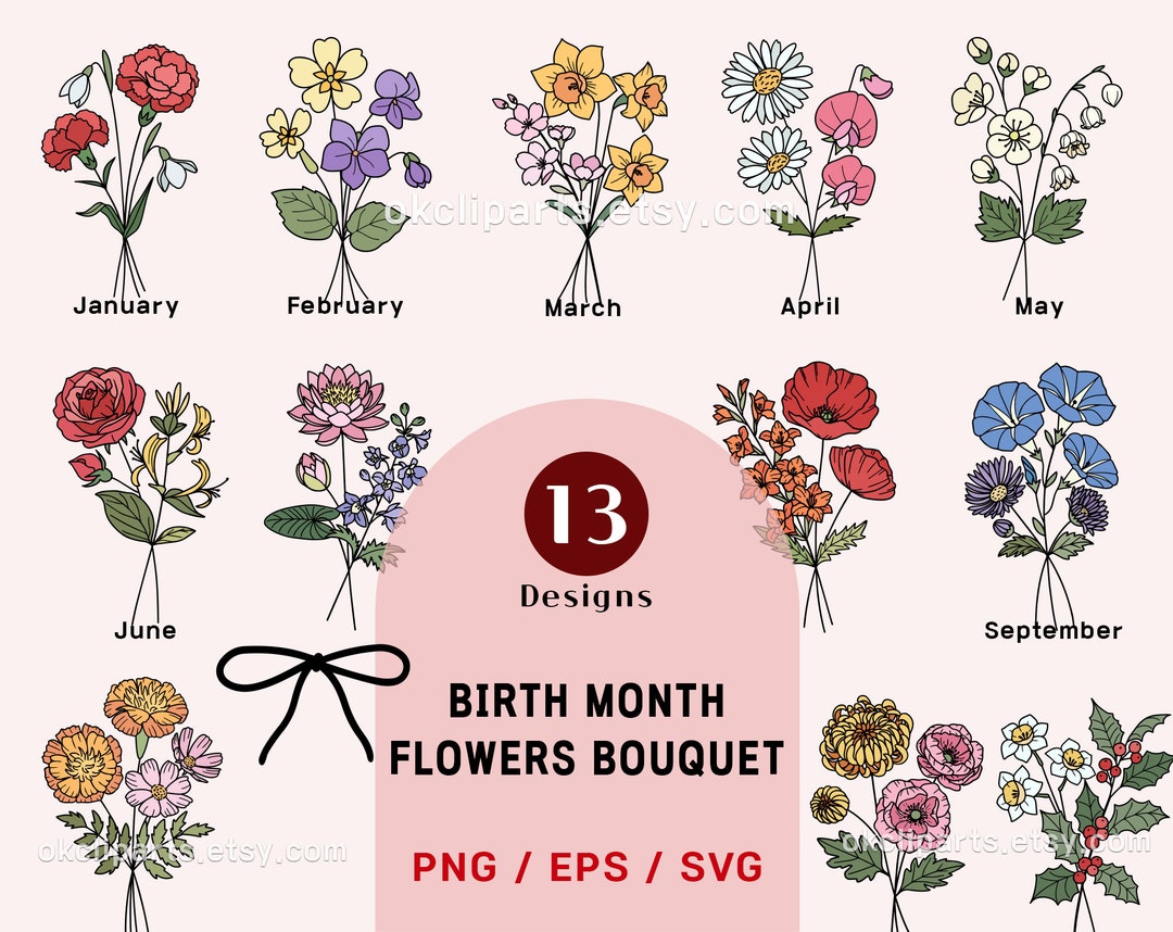 Birth Month Bouquet Svg, Bouquet Svg, Flower Svg Bundle, Birth Flower ...