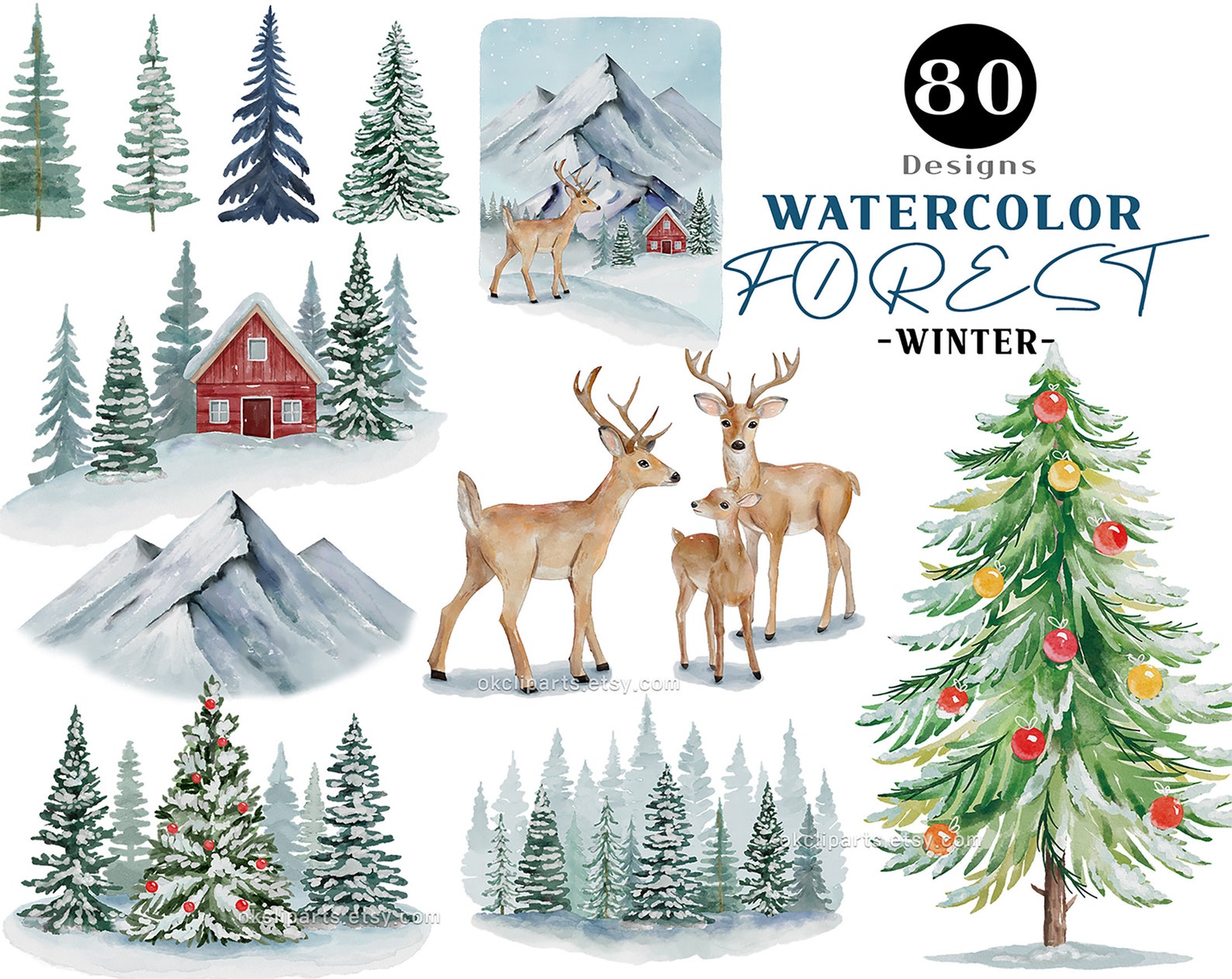 Christmas Tree Clipart Winter Clipart Watercolor Christmas - Etsy