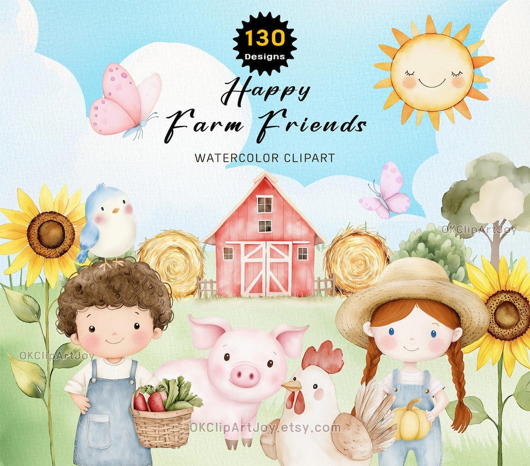 Cute Farm Clipart, Watercolor Farm Life Clip Art Bundle, Cottage PNG ...