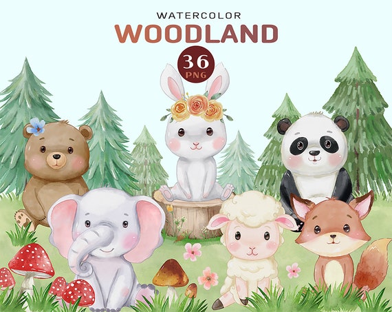 Cute Animals Watercolor Clip Art Woodland Bunny Sheep Fox - Etsy