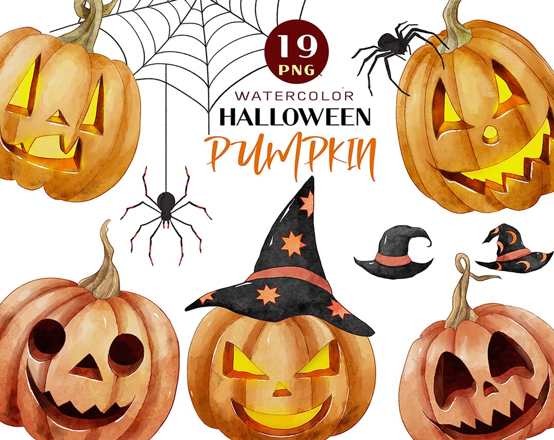 Watercolor Halloween Pumpkin Clipart, Cute Halloween Clip Art Jack O ...