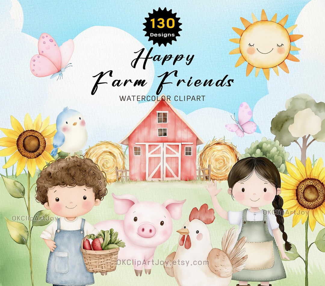 Cute Farm Clipart, Watercolor Farm Life Clip Art Bundle, Cottage PNG ...