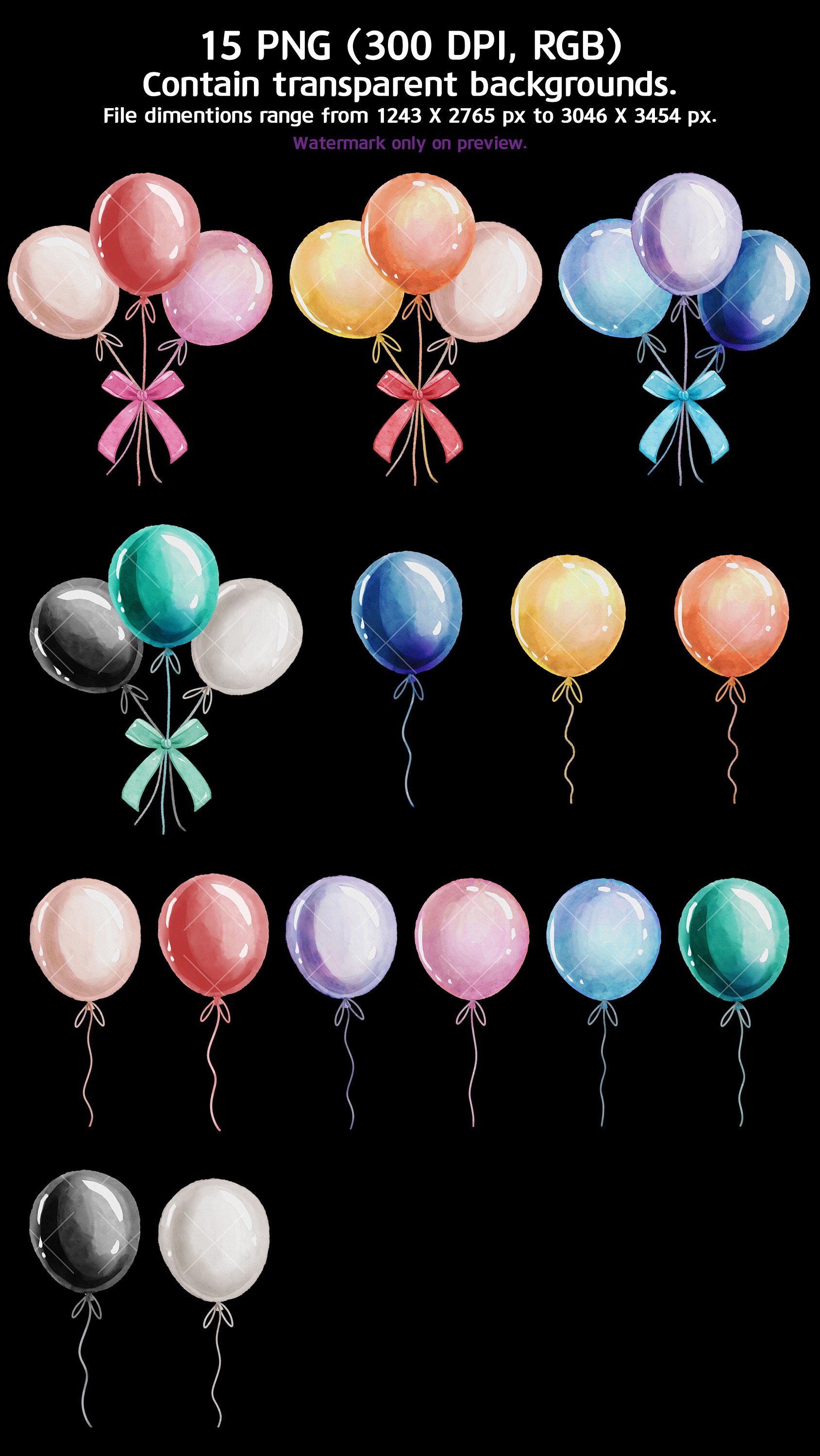 Digital Watercolor Clipart Watercolor Balloons Balloons - Etsy