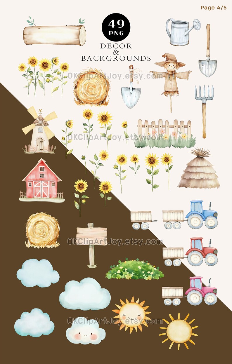 Cute Farm Clipart, Watercolor Farm Life Clip Art Bundle, Cottage PNG ...