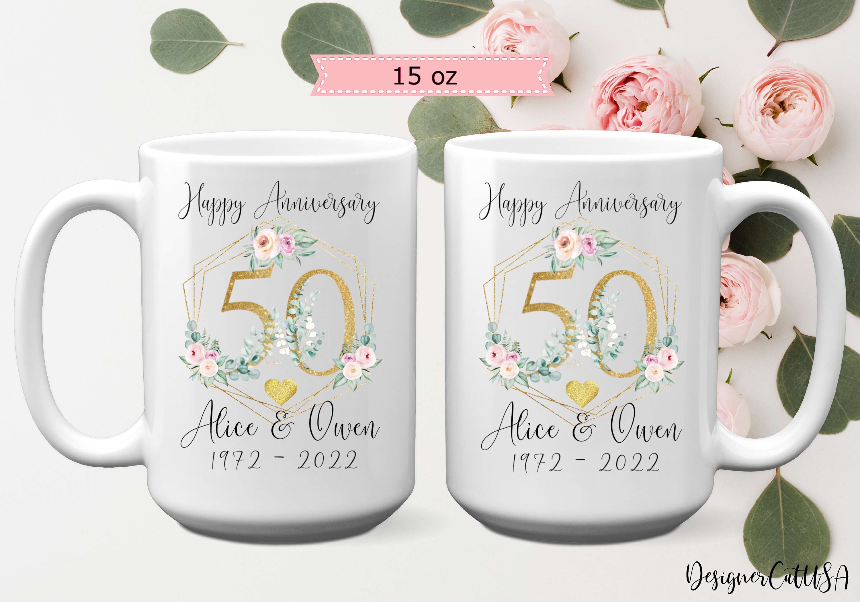 Personalized 50th Anniversary Mug With Exclusive Flowers, 11 or 15 Oz ...