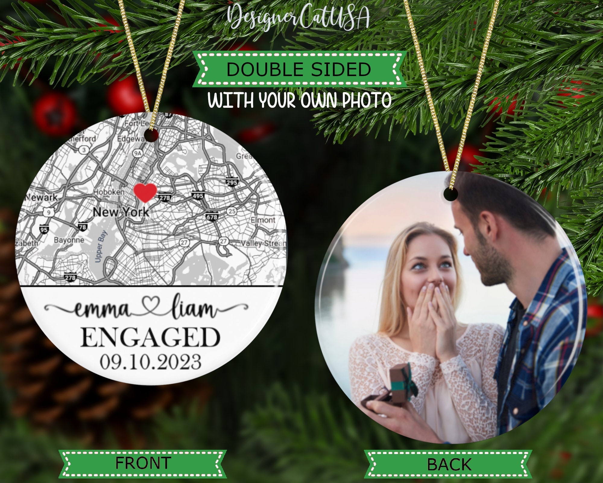 Engagement Ornament With Photo, Personalized Map Ornament for Couple ...