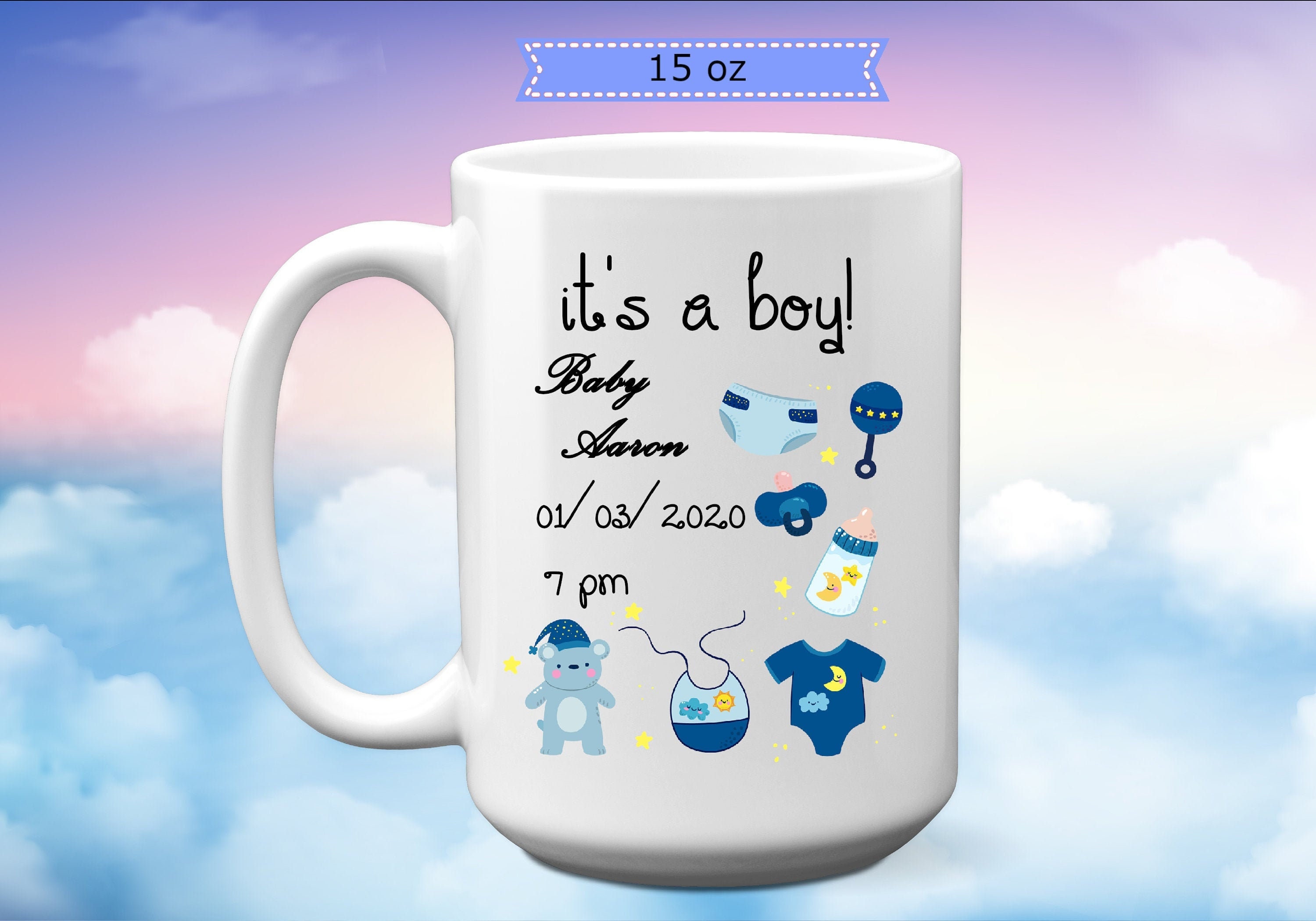 Personalized Its a Boy Mug, 11 or 15 Oz, Custom Name New Baby Coffee ...