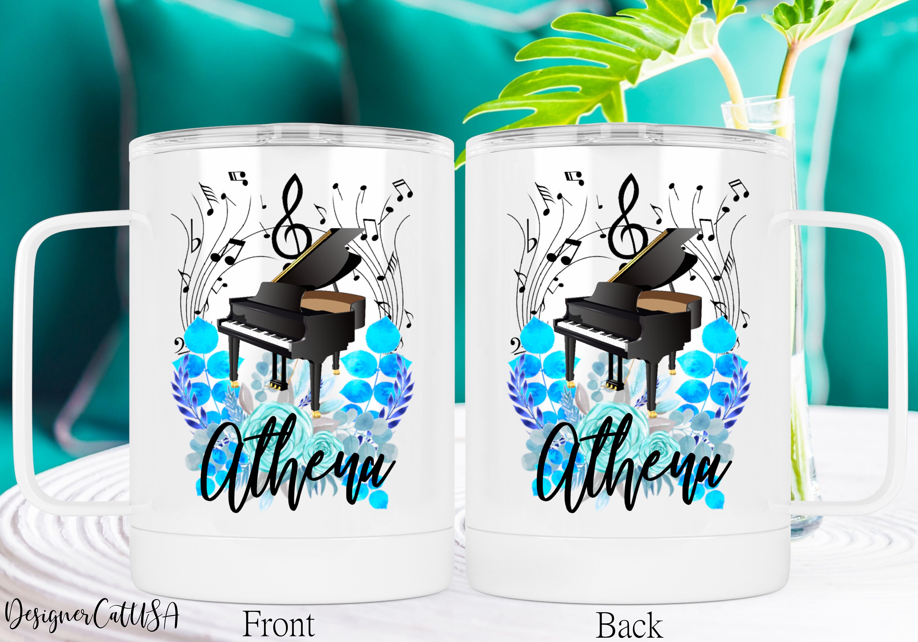 Personalized Piano Player Travel Mug With Teal Flowers 10 Oz, Custom ...