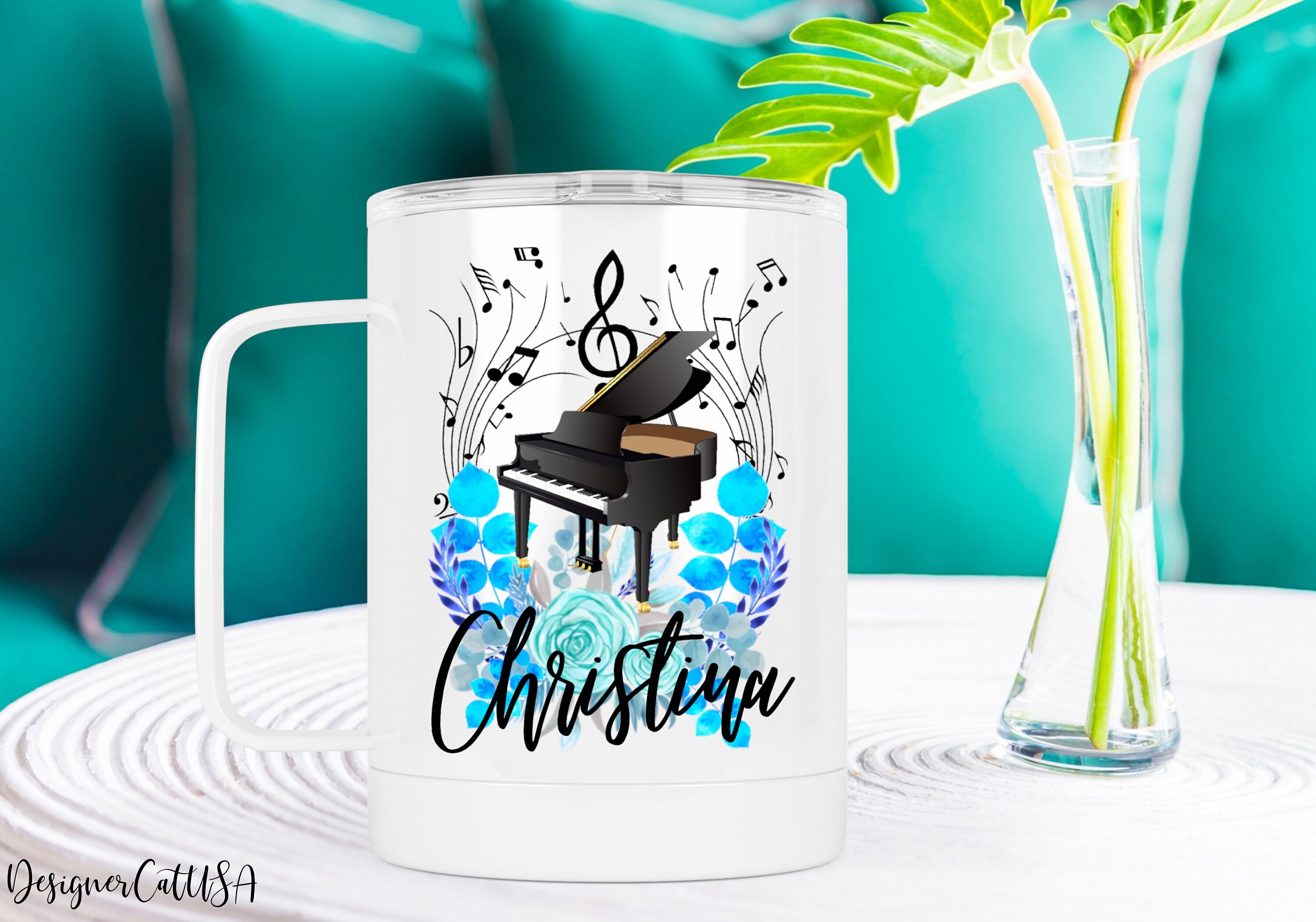 Personalized Piano Player Travel Mug With Teal Flowers 10 Oz, Custom ...