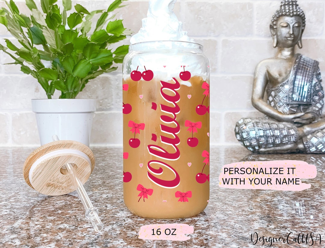 Personalized Red Cherry Glass Can, Custom Name Summer Fruit Soda Can ...