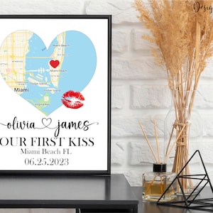 Our First Kiss Print With Map 8x10, Personalized Gift for Couple ...