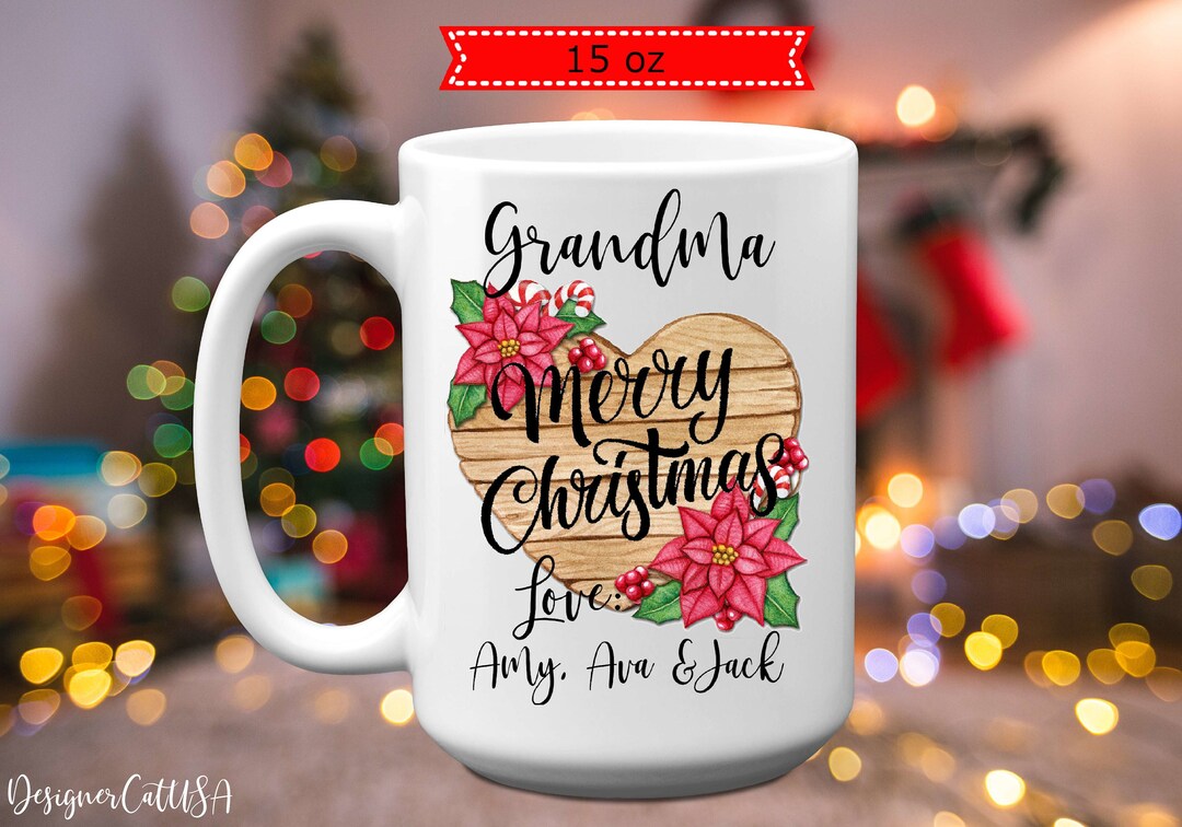 Personalized Merry Christmas Grandma Mug With Wooden Heart, 11 or 15 Oz, Custom Name Christmas ...