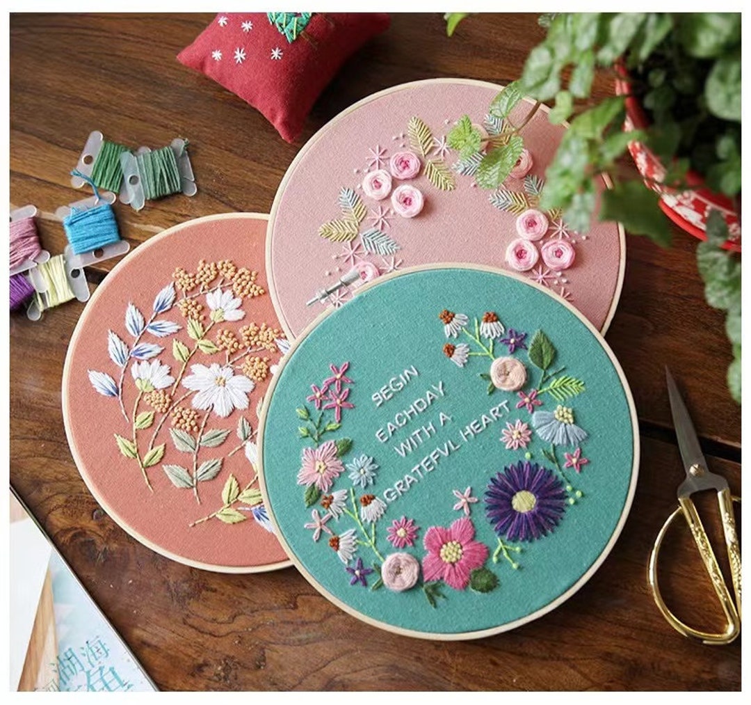 3 Set Flowers Embroidery Kits Package | Modern Embroidery Kit With ...