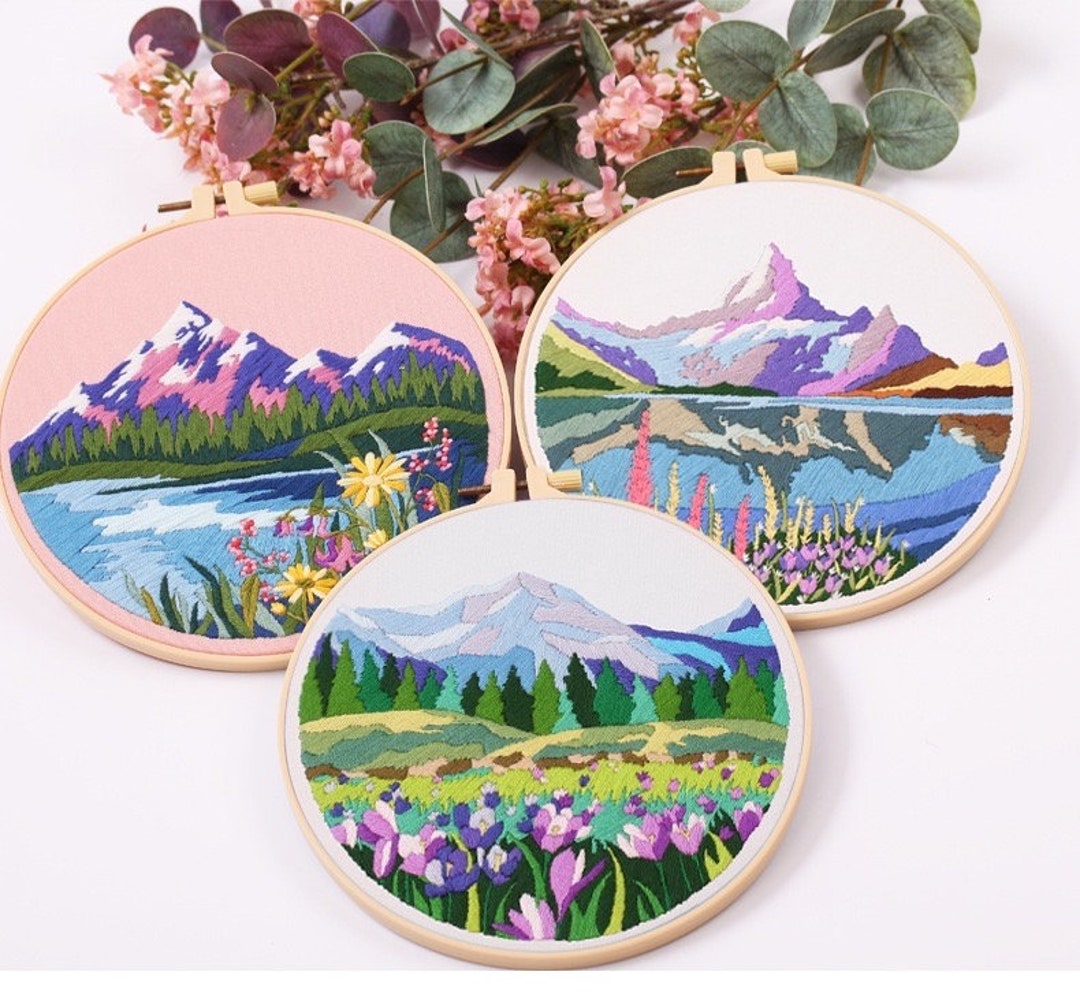 Beautiful Mountain Lake Full Embroidery Kit | Modern Embroidery Kit ...