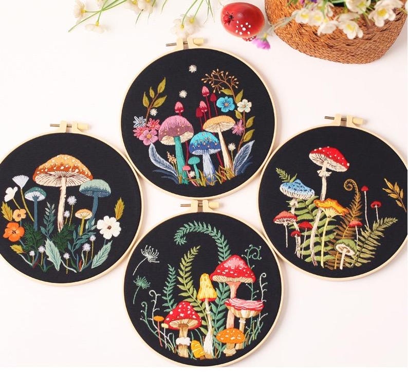 Blushing Mushroom Embroidery Kit, Needlecraft Kit, Embroidery Pattern ...