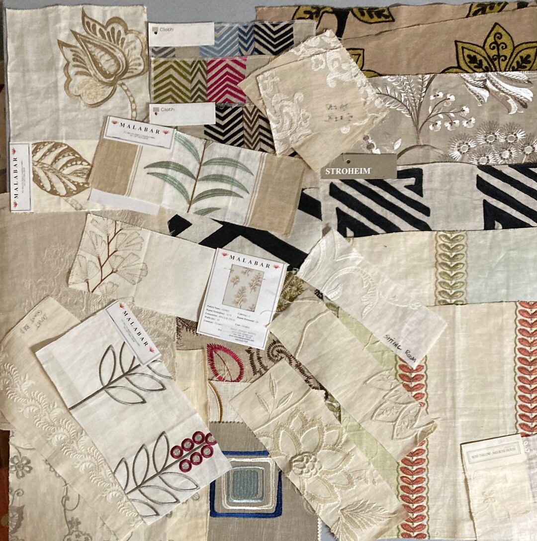 100% Linen Embroidered Designer Fabric Sample Swatches Medium and ...