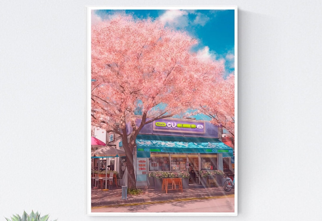 Korean Shop CU Storefront Art/spring in Seoul/pink Cherry Blossom/cute ...