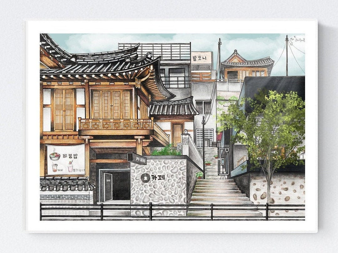 Korean Street Scenery / Seoul Korea Architecture Drawing/korean Wall ...