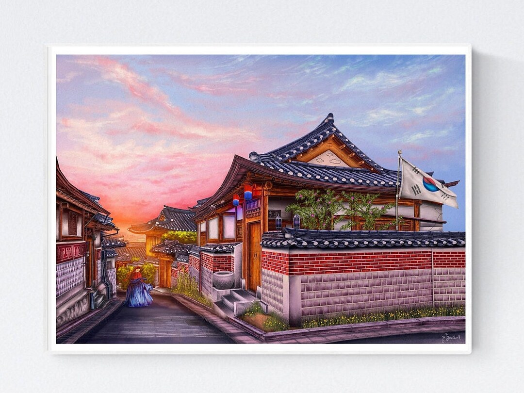 Korean Art / Sunset in Bukchon Hanok Village/ Seoul Sunset,korean Wall ...