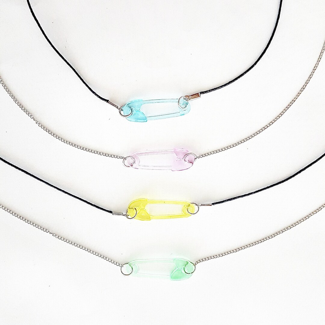 Pastel Transparent Baby Diaper Pin Necklace Silver Chain or Black Rope ...