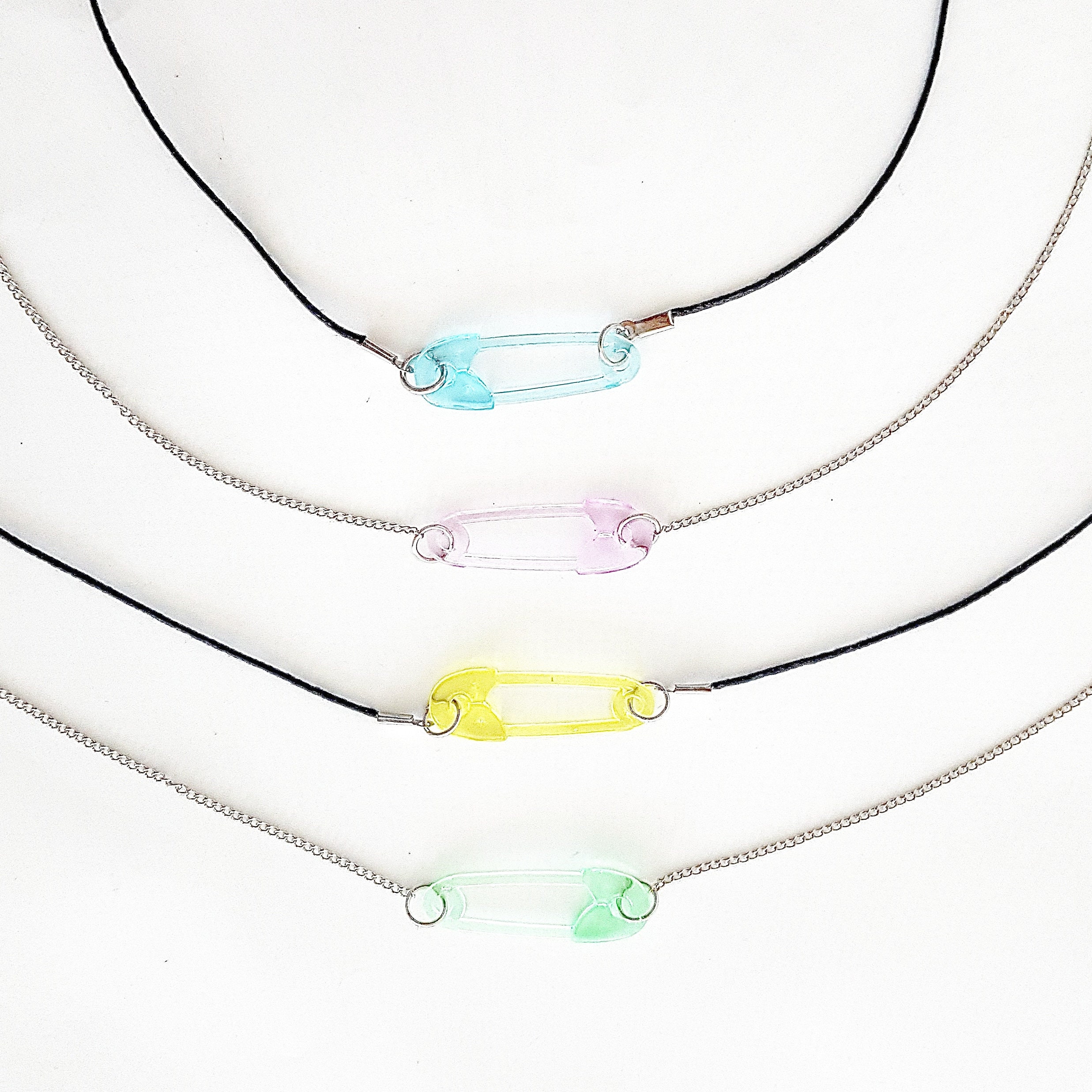 Pastel Transparent Baby Diaper Pin Necklace Silver Chain or Black Rope ...