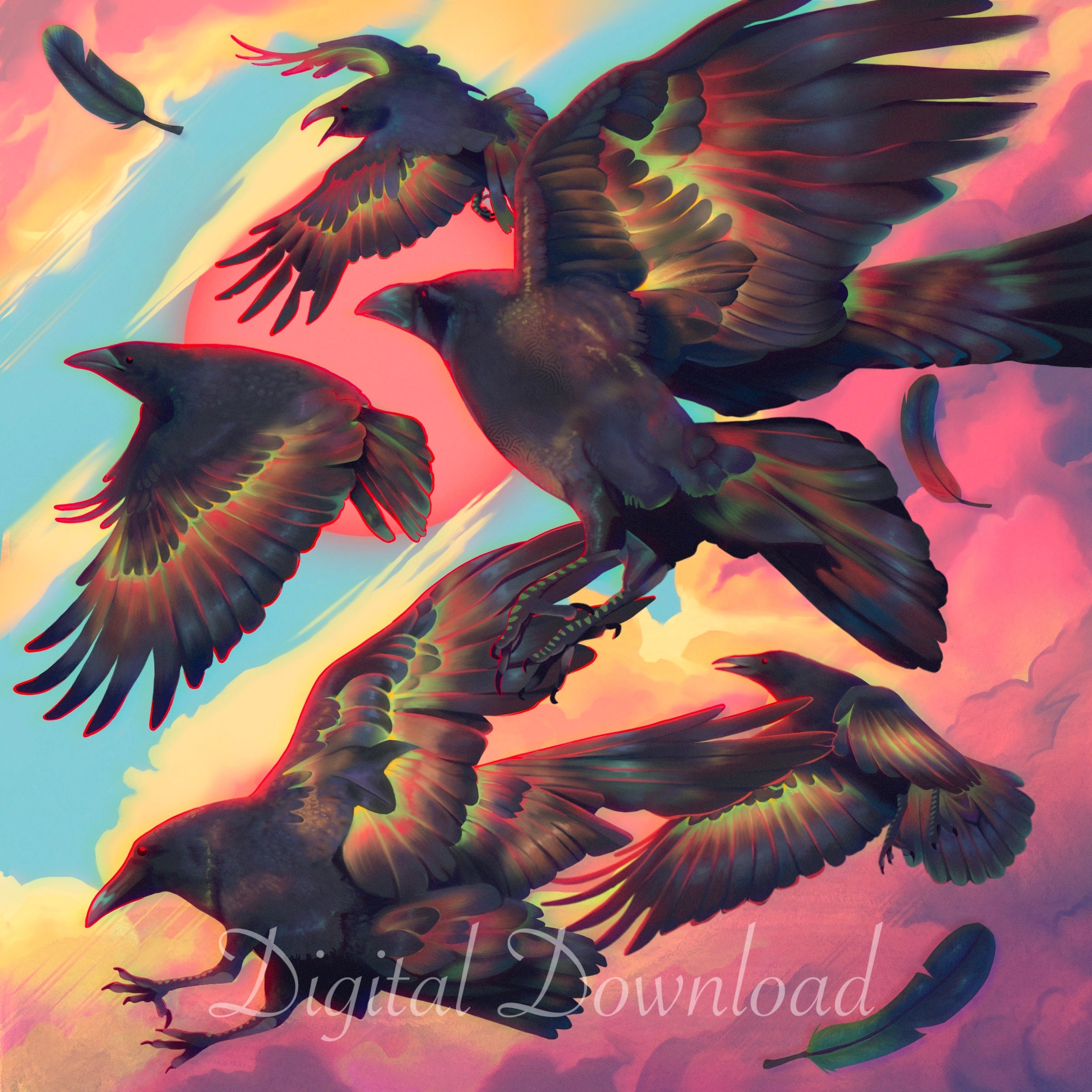 Crimson Flight | Digital Download | Original Art | Ravens in Flight | 8 ...