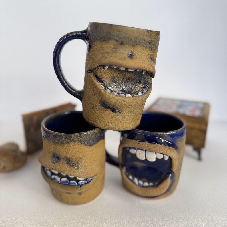 Handmade Blue Teeth Ceramic Mug: Sculptural Coffee Cup - Etsy