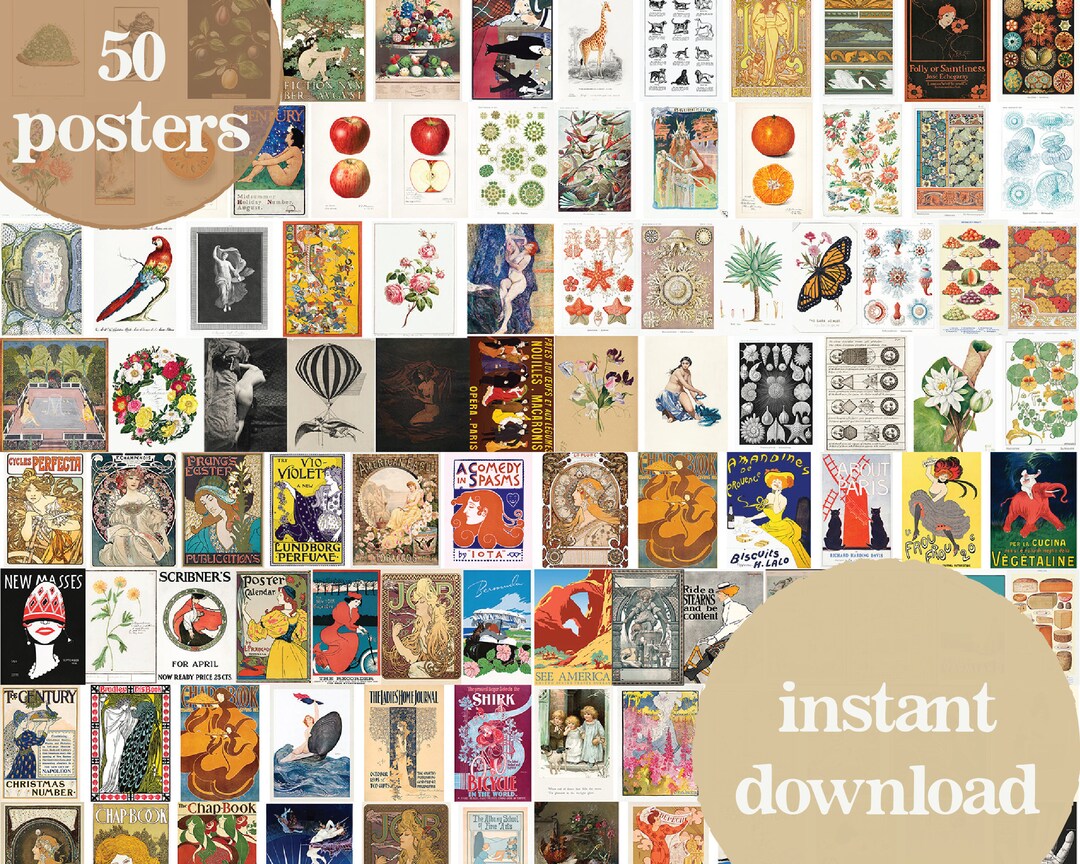 50 PCS Vintage Poster Wall Collage Kit Vintage Posters Wall Collage Kit ...