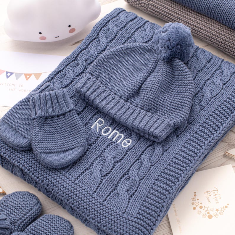 Personalised Storm Blue Knit Baby Gift Set, Cotton Blanket, Cardigan ...