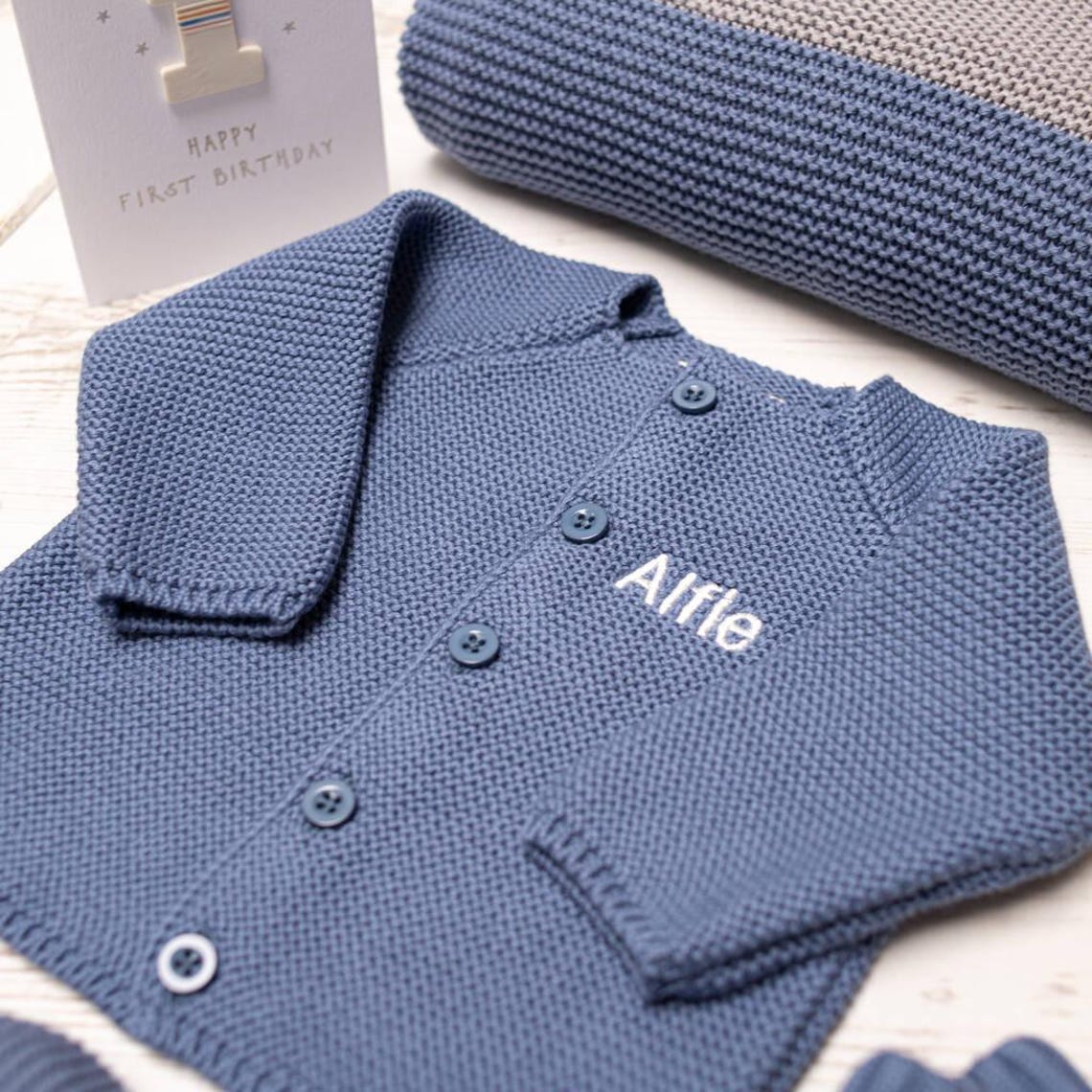 Personalised Storm Blue Knit Baby Gift Set, Cotton Blanket, Cardigan ...