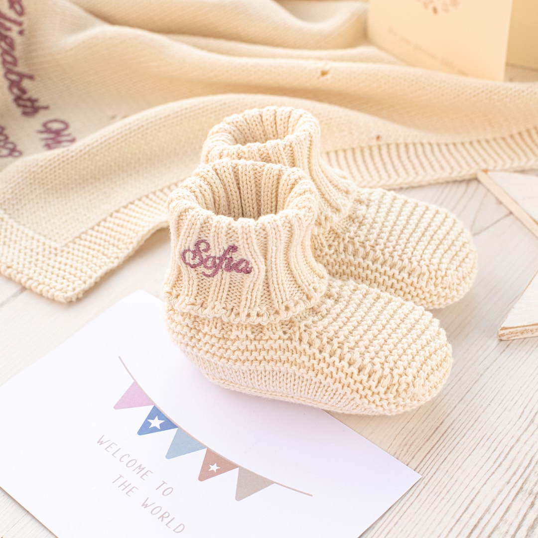 Personalized Knitted Baby Booties: Embroidered Cotton Booties, Toffee ...