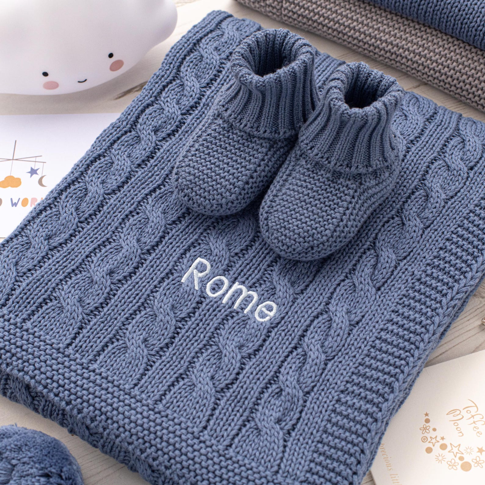 Personalised Storm Blue Knit Baby Gift Set, Cotton Blanket, Cardigan ...